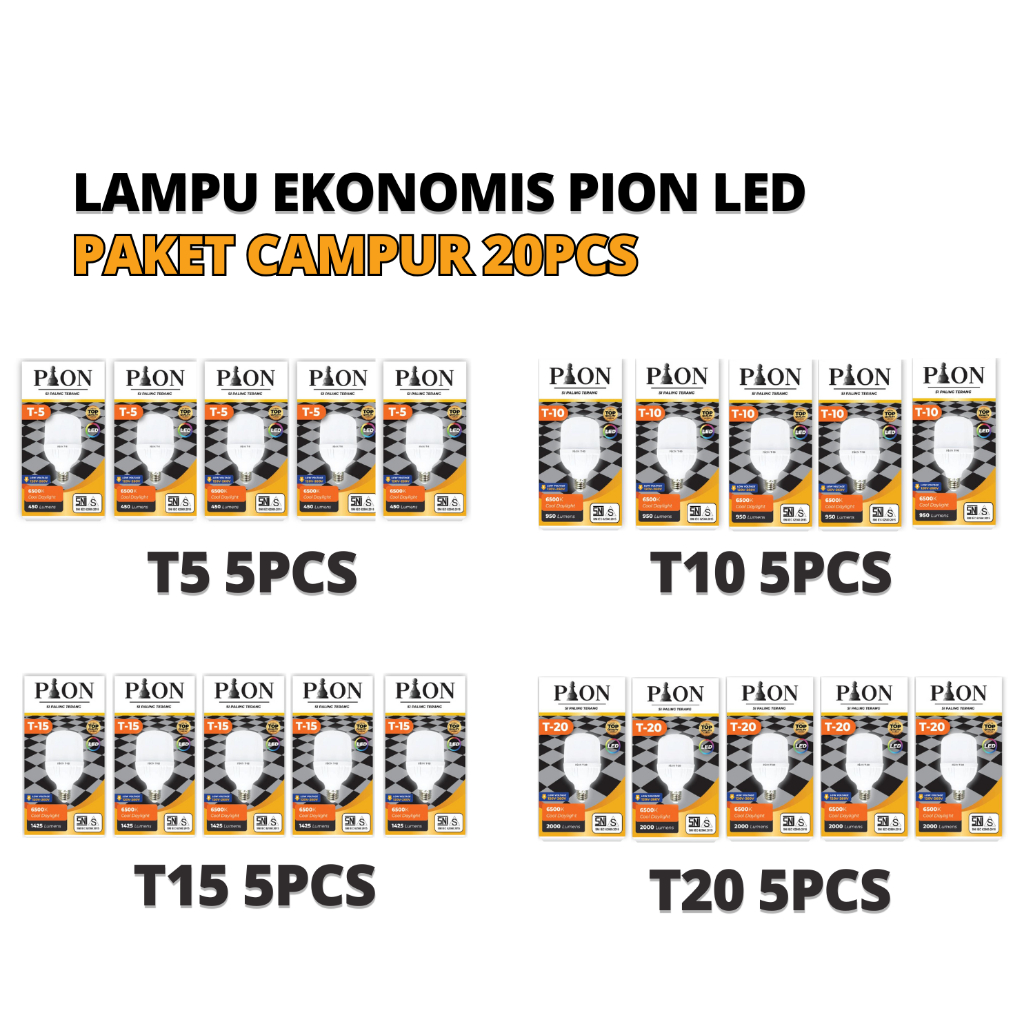 Jual Paket Campur Lampu LED PION Ekonomis T5 T10 T15 T20 Total 20pcs Bohlam Murah T-Bulb SNI E27 ...