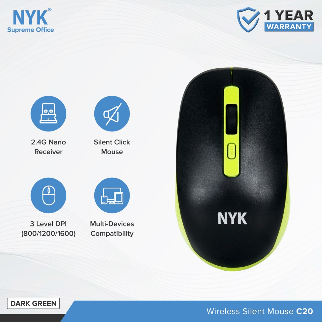 Jual NYK Mouse C20 Wireless Silent BLACK GREEN | Shopee Indonesia