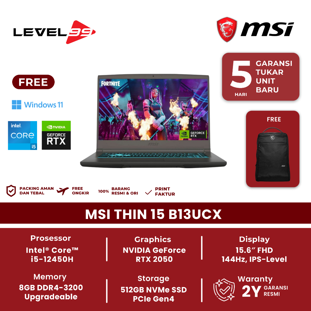 Jual Laptop Msi Thin 15 B13Ucx-2410 | I5-13420H 8/512Gb Rtx2050 15.6"Fhd 144Hz W11 | Shopee ...