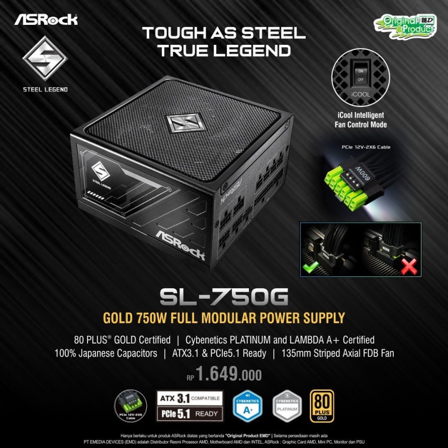 Jual ASRock Steel Legend SL-750G FULL MODULAR PCIe 5.1 PSU 750W 80+ GOLD SL750G | Shopee Indonesia