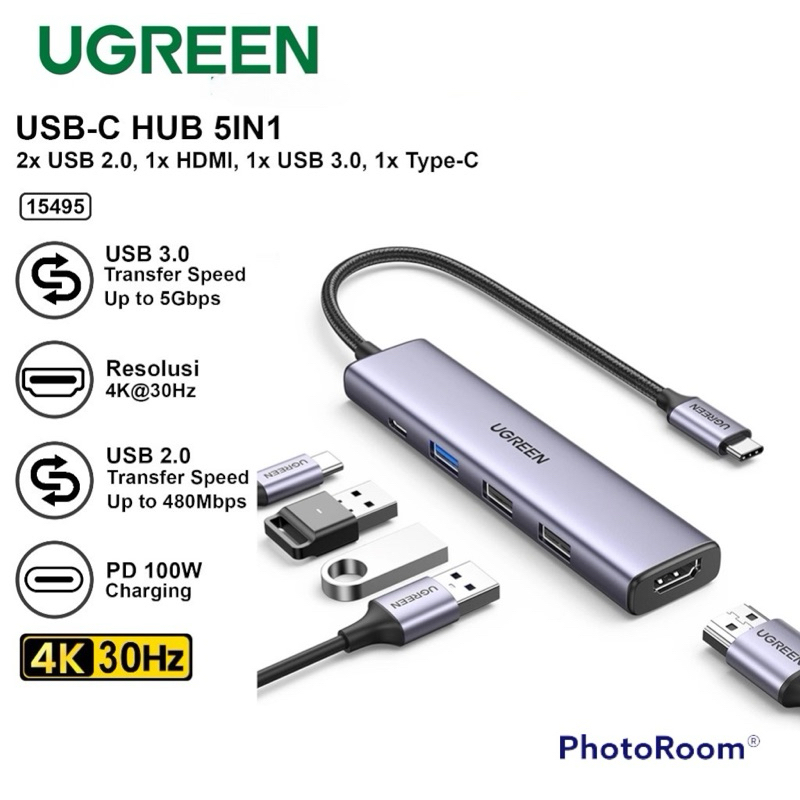 Jual ugreen 5 in 1 usb type c to hdmi 4k 30hz pd 100w usb hub 3.0 2.0 - 15495 | Shopee Indonesia