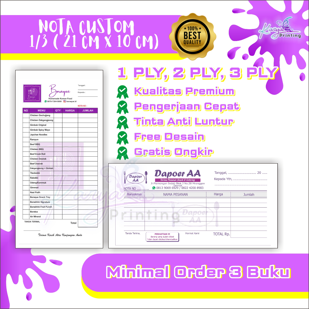 Jual cetak nota custom ukuran 1/3 folio nota 1 ply 2 ply 3 ply free ...