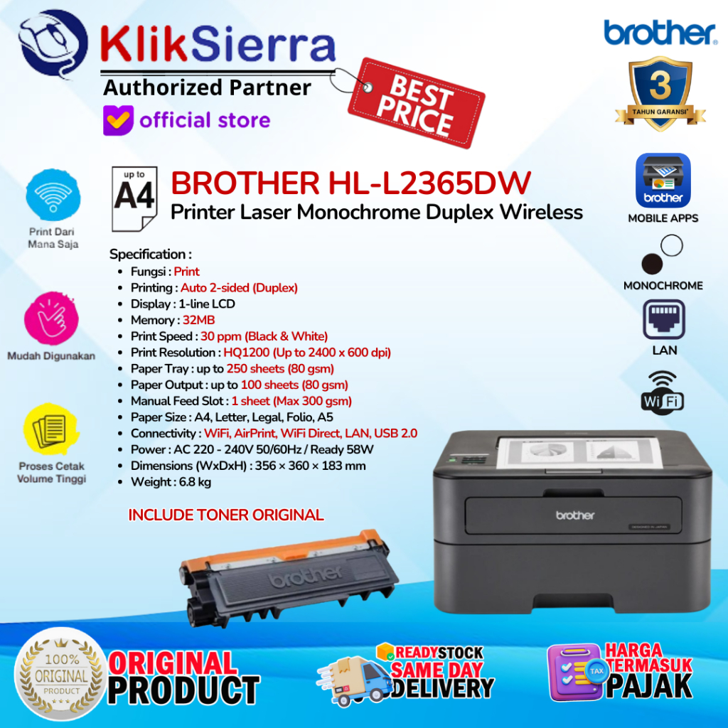 Jual BROTHER HL-L2365DW Printer Laser Mono [Duplex + WiFi] L2365 DW ...