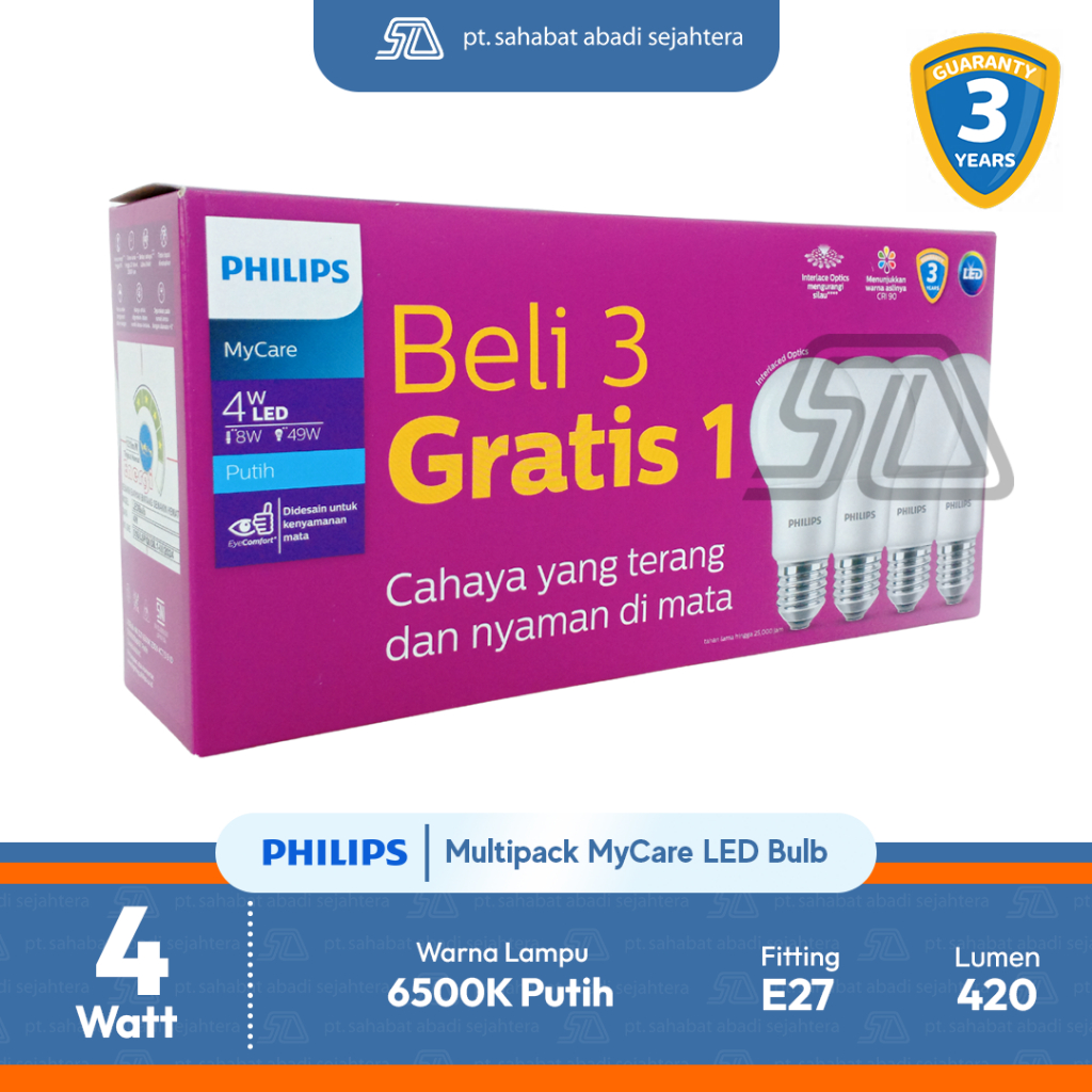 Jual Lampu Philips Multipack LEDBulb 4W E27 A60 MyCare Isi 4 Putih ...