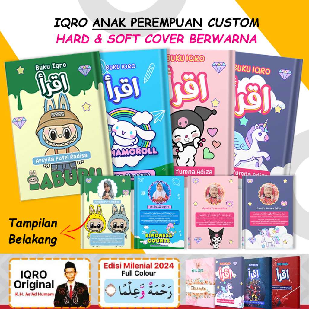 Jual Iqro Anak Perempuan GIRLS KARAKTER KARTUN Custom Nama Hard Cover ...