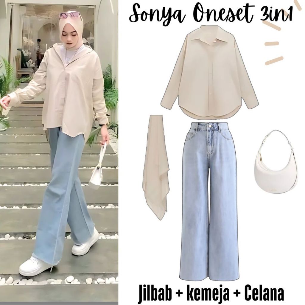 Jual Oneset 3in1 kemeja panjang celana jeans denim highwaist jilbab bella square | ootd outfit ...