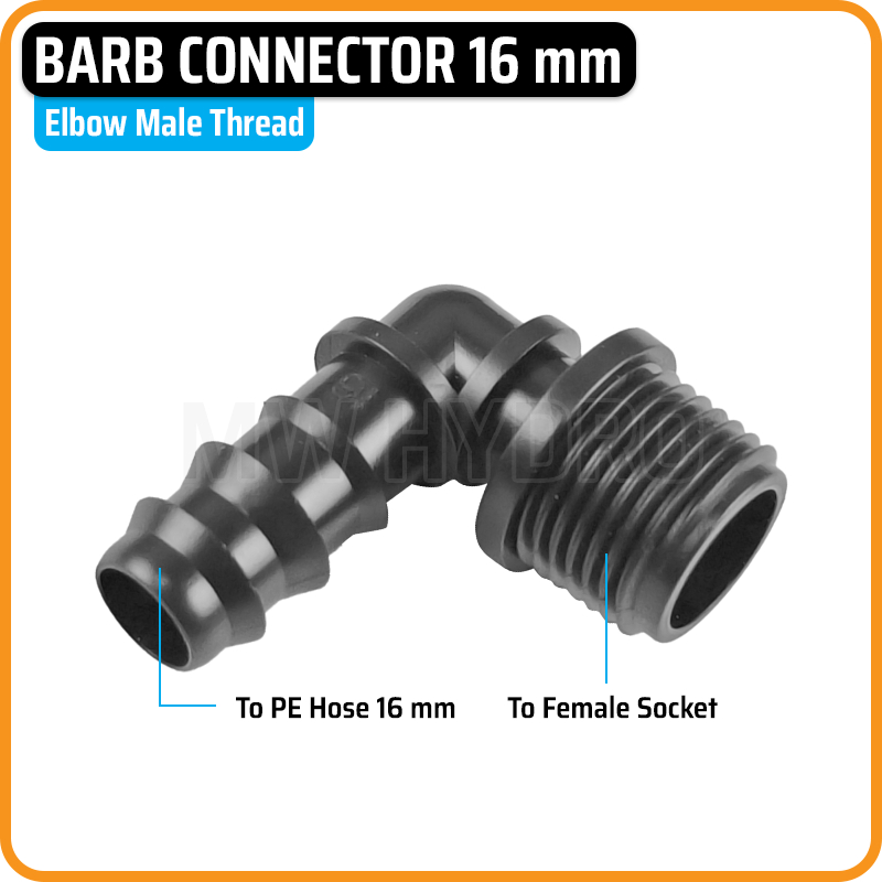 Jual Barb Connector 16 mm - Elbow Male Thread | Konektor Selang PE Irigasi Hidroponik - Elbow ...