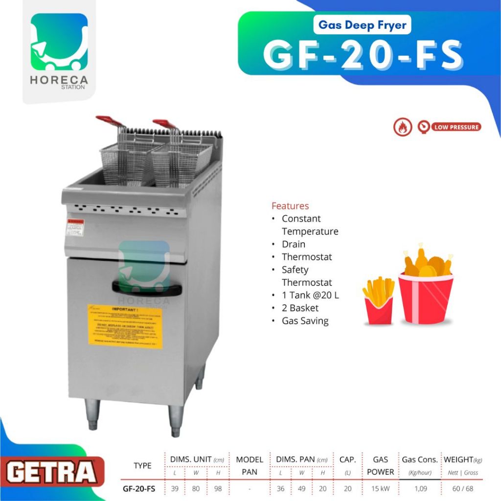 Jual GETRA Gas Deep Fryer Low Pressure GF-20-FS / GF 20 FS / GF20FS ...