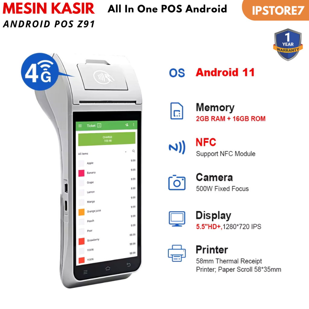 Jual Mesin Kasir MPOS Z91 Android 11 4G RAM 2+16 Printer Thermal Scanner Support Playstore ...