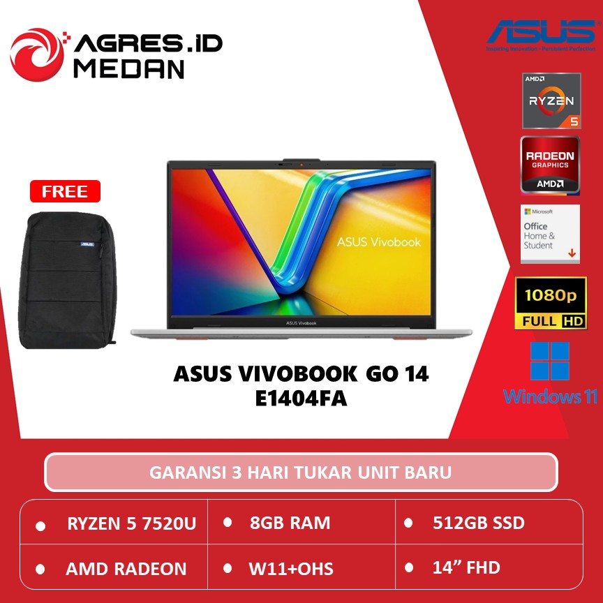 Jual ASUS VIVOBOOK GO 14 E1404FA RYZEN 5 7520 8GB 512GB W11+OHS 14.0FHD ...
