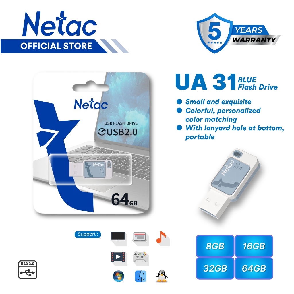 Jual Netac Flashdisk UA31 USB 2.0 Flash Drive 8GB/16GB/32GB/64GB Blue ...