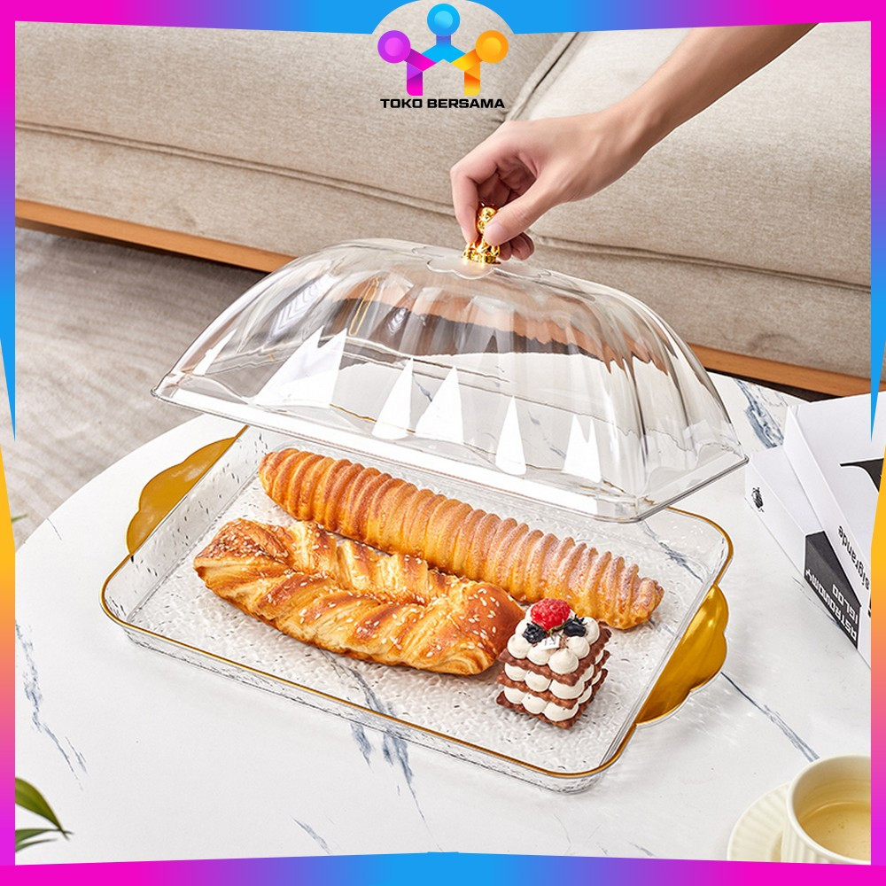 Jual Nampan Saji Transparan Aesthetic dengan Tutup Handle Gold Serving ...