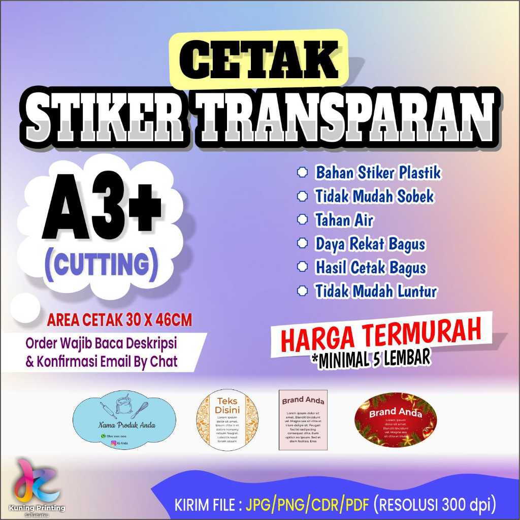 Jual CETAK STIKER A3+ BENING/TRANSPARAN + CUTTING 1/2 PUTUS (KISS CUT ...