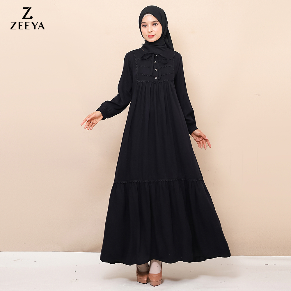Jual Zeeya Collection Zoya Gamis Dress Umroh HItam Polos Rayon Twill ...