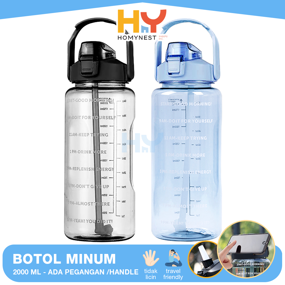 Jual HOMYNEST Botol Minum Jumbo 2 Liter Bening Motivasi Sedotan Silikon Handle Lock Anti Tumpah ...