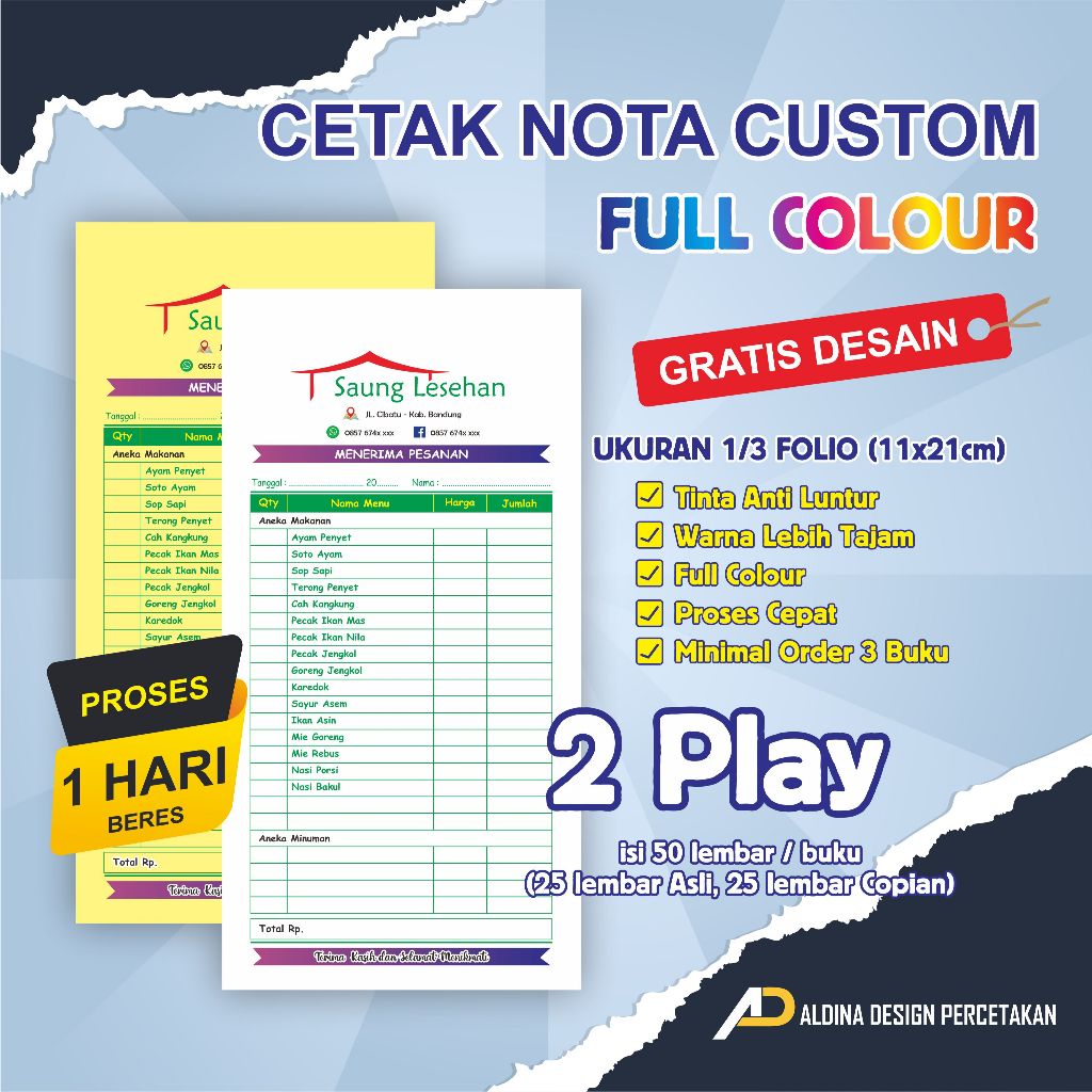 Jual Promo Nota Kontan 2 ply Custom ukuran 1/3 Folio bahan NCR carbon ...