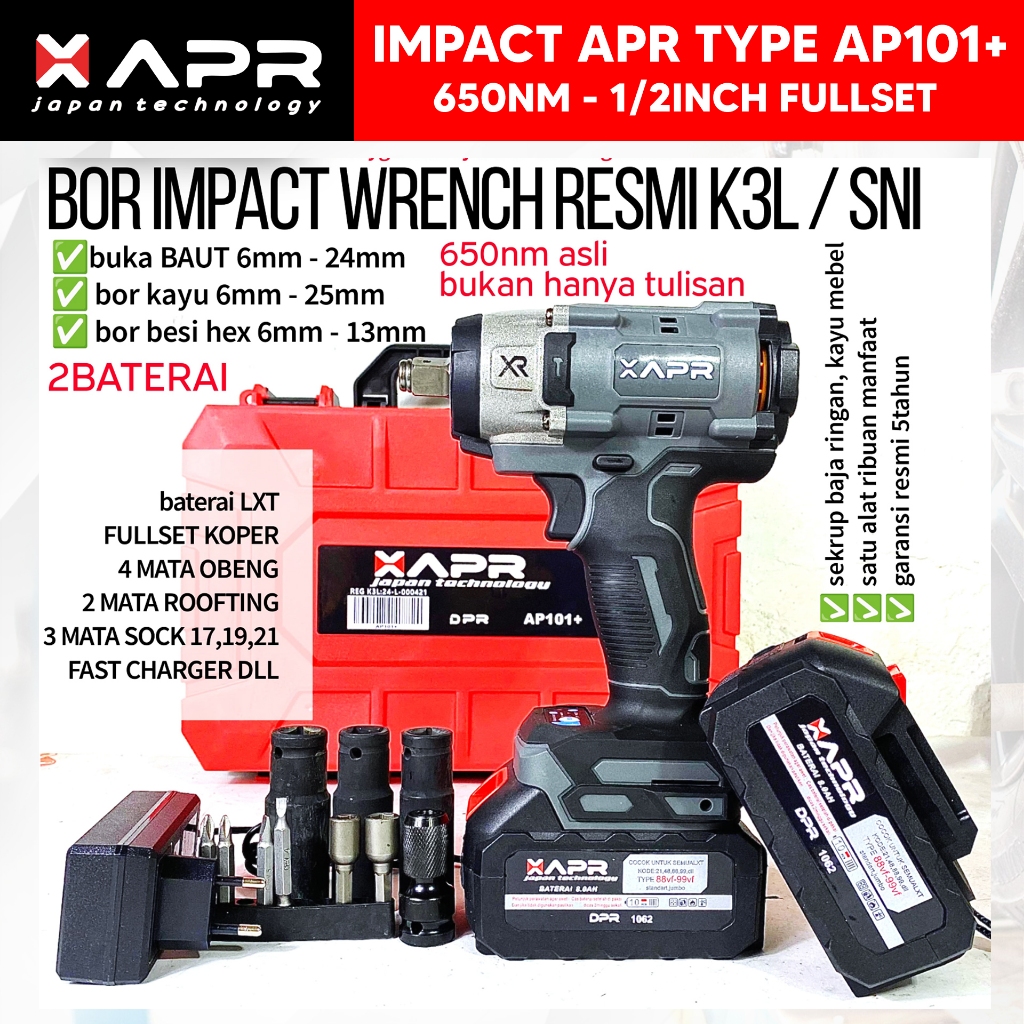 Jual APR Impact Wrench AP101+ 650NM FULLSET 2 Batre mesin pembuka baut ...