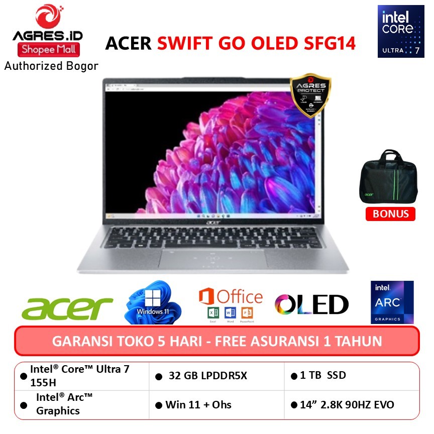 Jual ACER SWIFT GO OLED SFG14 ULTRA 7 155H 32GB 1TB W11+OHS 14.0 2.8K ...