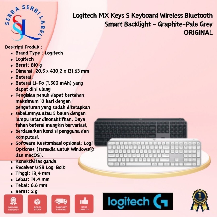 Jual Logitech MX Keys S Keyboard Wireless Bluetooth Smart Backlight - Graphite-Pale Grey ...