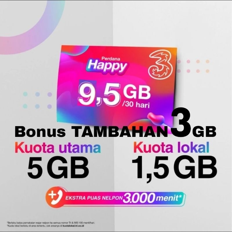 Jual Kartu Perdana 3 Tri Three Happy 5+1.5GB | Shopee Indonesia