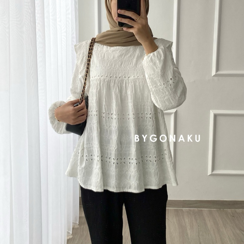 Jual [GONAKU] Yoona Blouse Katbol Katun Bordir Kemeja Putih | White ...