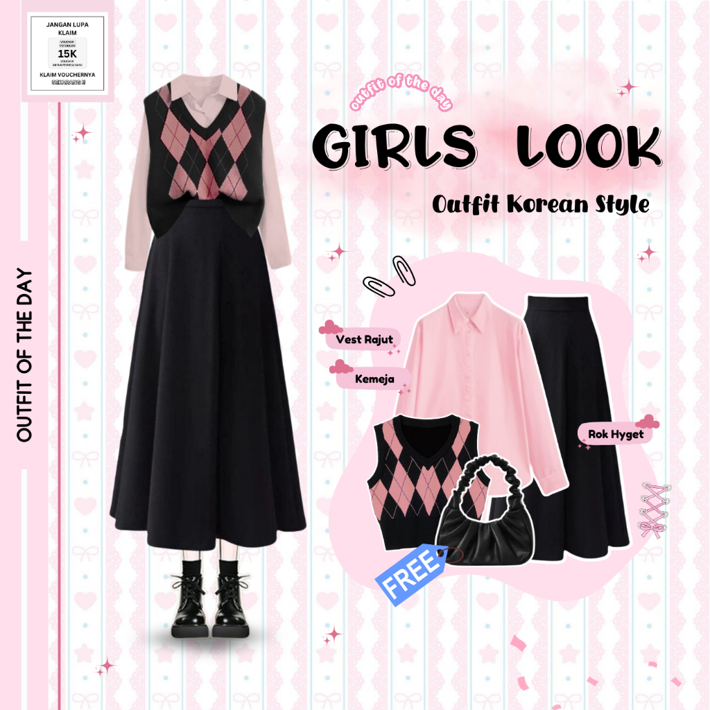 Jual Oneset Vest Korean Style Remaja ( Vest Rajut, Kemeja, Rok Hyget ...