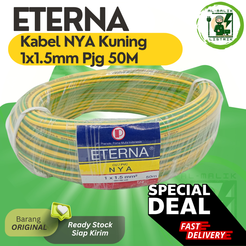 Jual Kabel Eterna NYA Warna Kuning 1x1.5mm Panjang 50Meter Kabel Listrik SNI | Shopee Indonesia