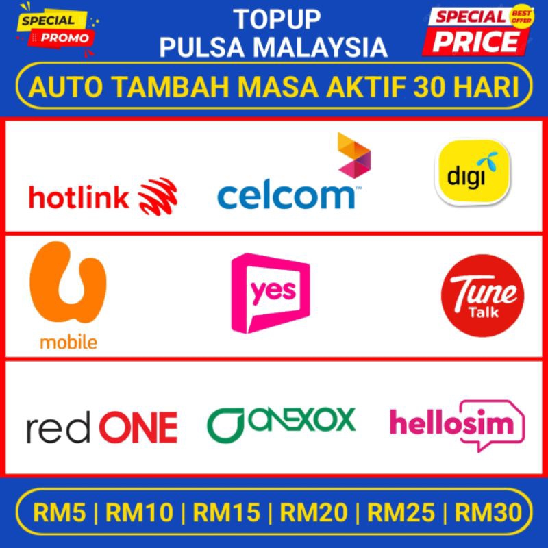 Jual Pulsa Malaysia Hotlink Maxis Umobile Digi Celcom TuneTalk Yes Onexox RedONE Hello sim Beone ...
