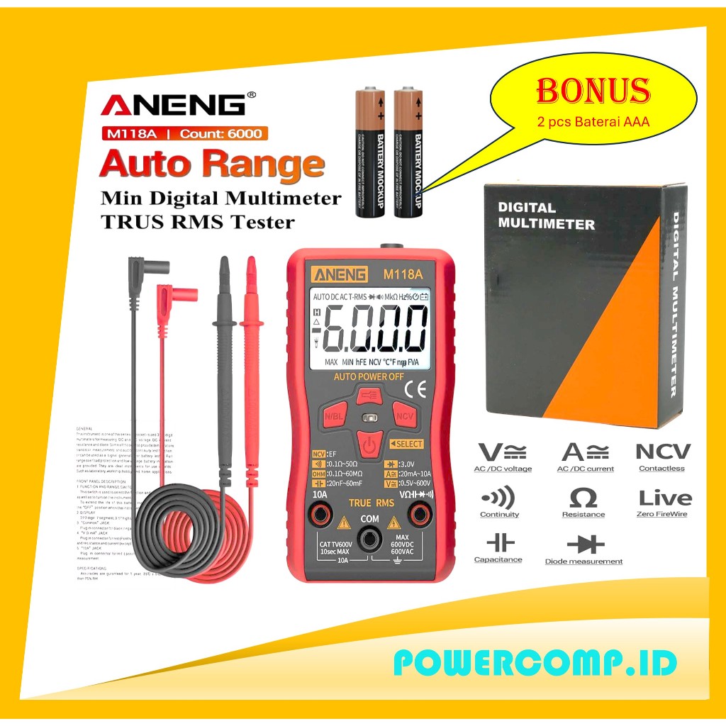 Jual ANENG M118A Digital Mini Multimeter Tester 6000 Counts Auto ...