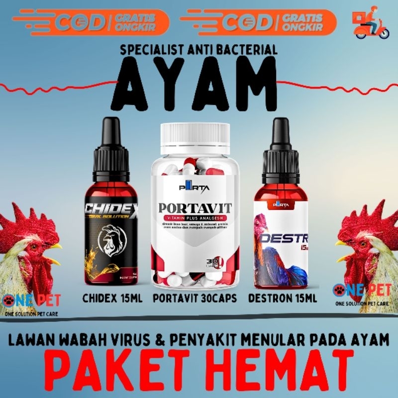 Jual PAKET OBAT DAN VITAMIN AYAM SAKIT MENULAR ARATAN SEMUA JENIS AYAM (PORTAVIT 30caps, CHIDEX ...
