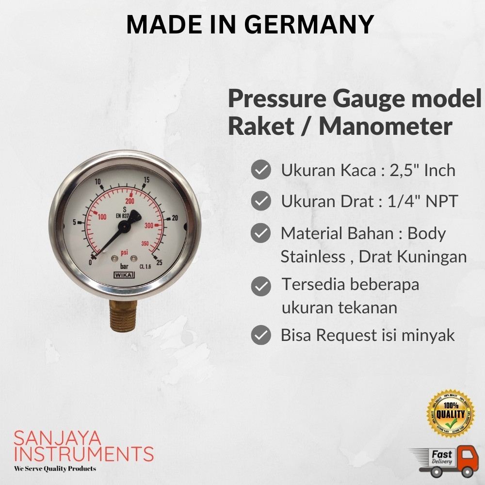 Jual Pressure Gauge WIKA 2,5" inch 6 - 1000 Bar drat 1/4 model Raket / Manometer Stainless ...