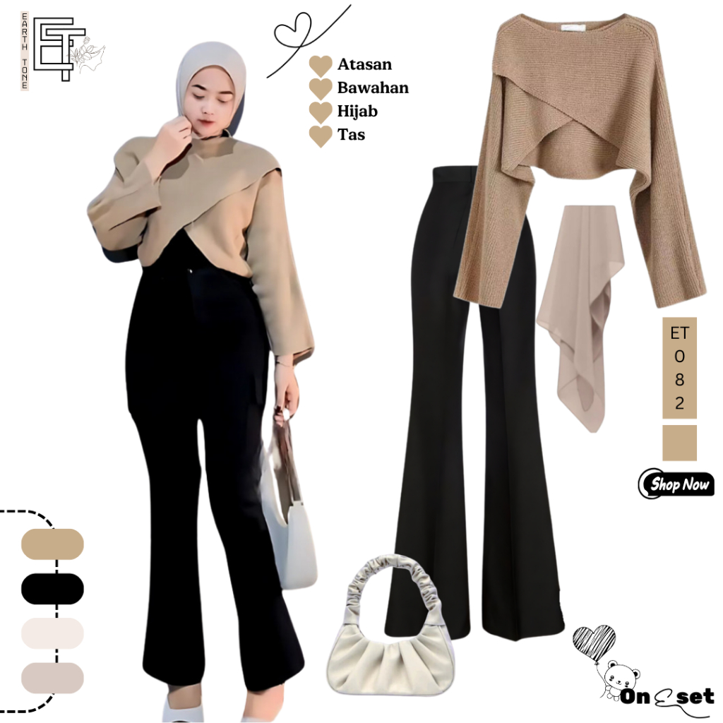 Jual One Set Wanita Kekinian - Vest Rajut + Celana cutbray + Hijab Segi ...