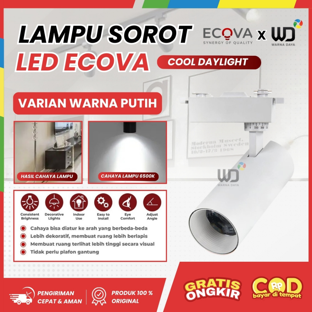 Jual Lampu Sorot LED ECOVA Track Light Spotlight 10W 20W 30W Body Putih CoolDayLight 6500K ...