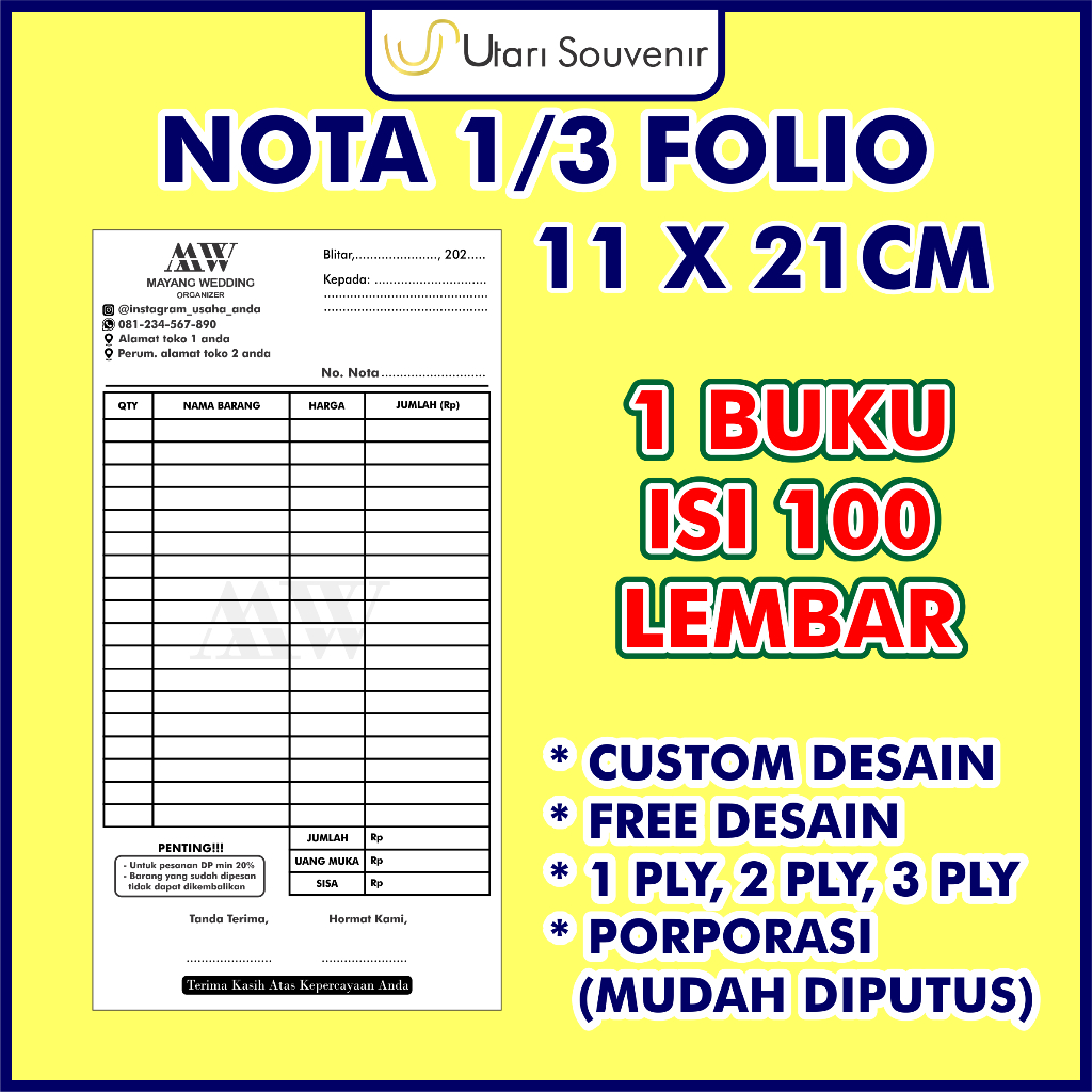 Jual Cetak Nota Ukuran 1/3 Folio Custom Free Desain per Buku Isi 100 ...