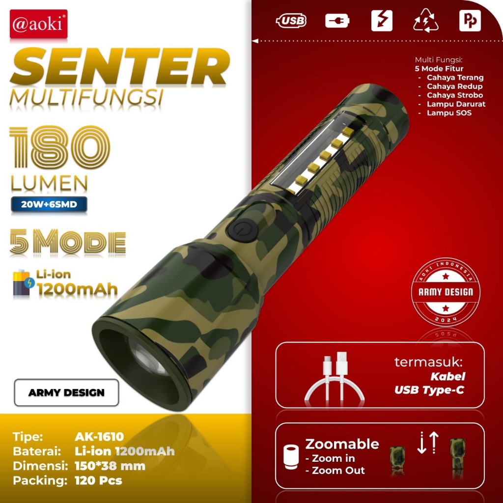 Jual SENTER LED ZOOM AOKI AK-1610 20W - CAHAYA TERANG JARAK JAUH - MODE EMEREGCNY - TAHAN LAMA ...