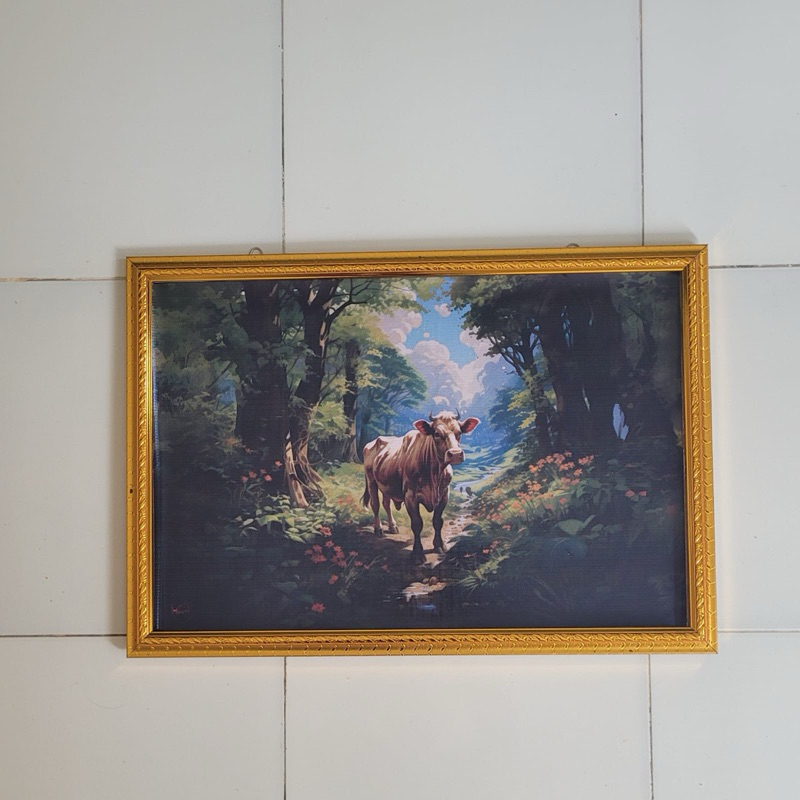 Jual hiasan dinding lukisan cetak gambar sapi plus Figura emas uk ...