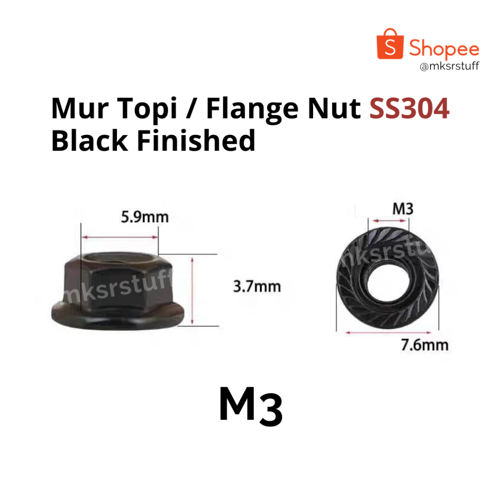 Jual SS304 Mur Topi / Flange Nut Black Finished Stainless Steel 304 - M3, M4, M5, M6 | Shopee ...