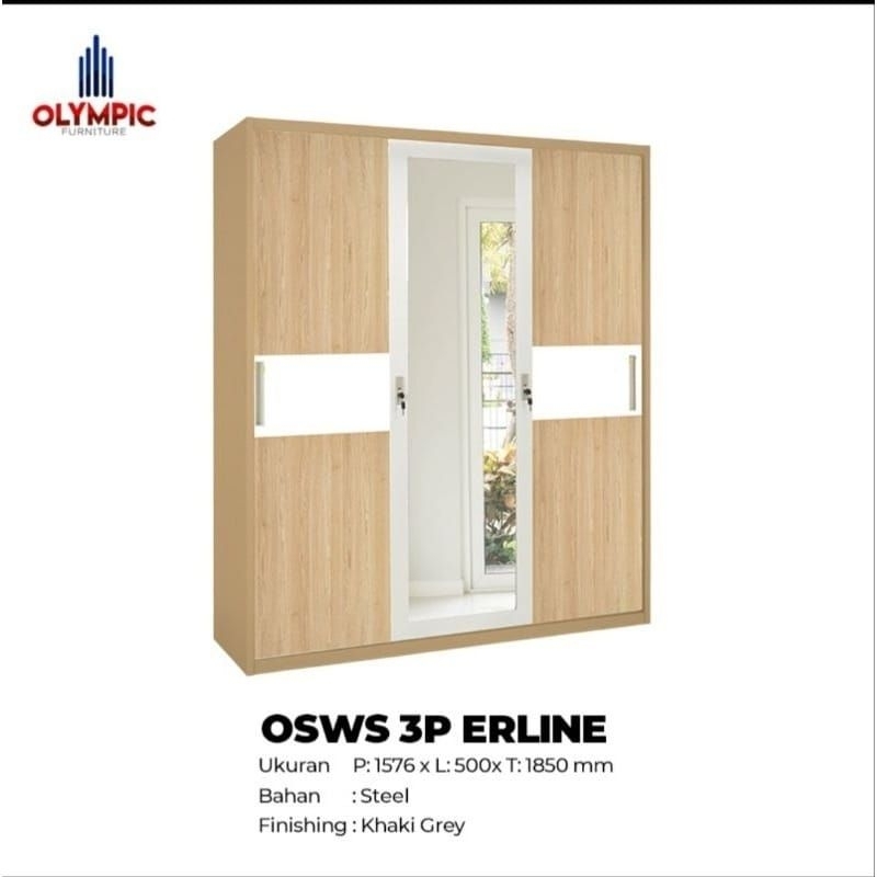 Jual Lemari Pakaian Besi 3 Pintu Sliding / Pintu Geser Panjang 160cm motif kayu olymsteel erline ...