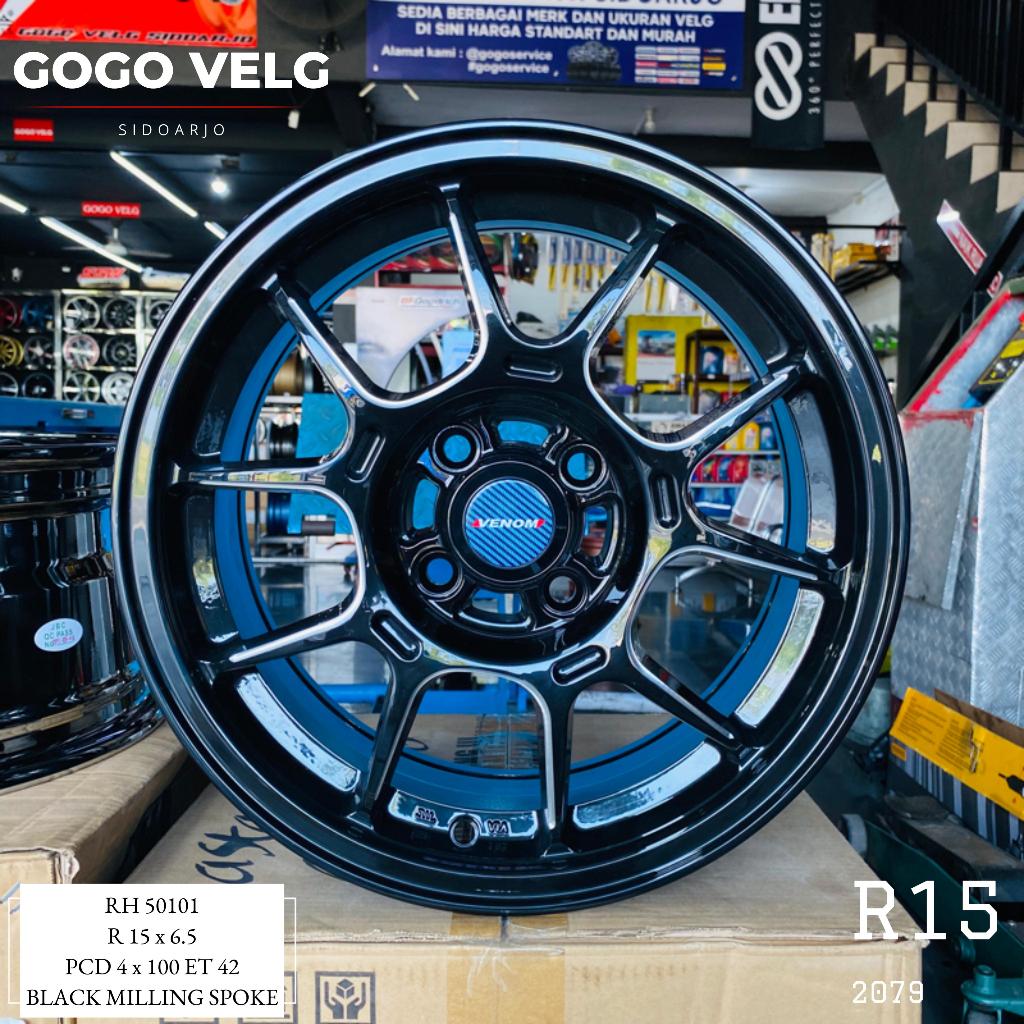 Jual Velg Mobil R15 Venom PCD 4X100 lebar 6,5 ET 42 Agya Ayla Brio Sigra Calya Black Milling ...