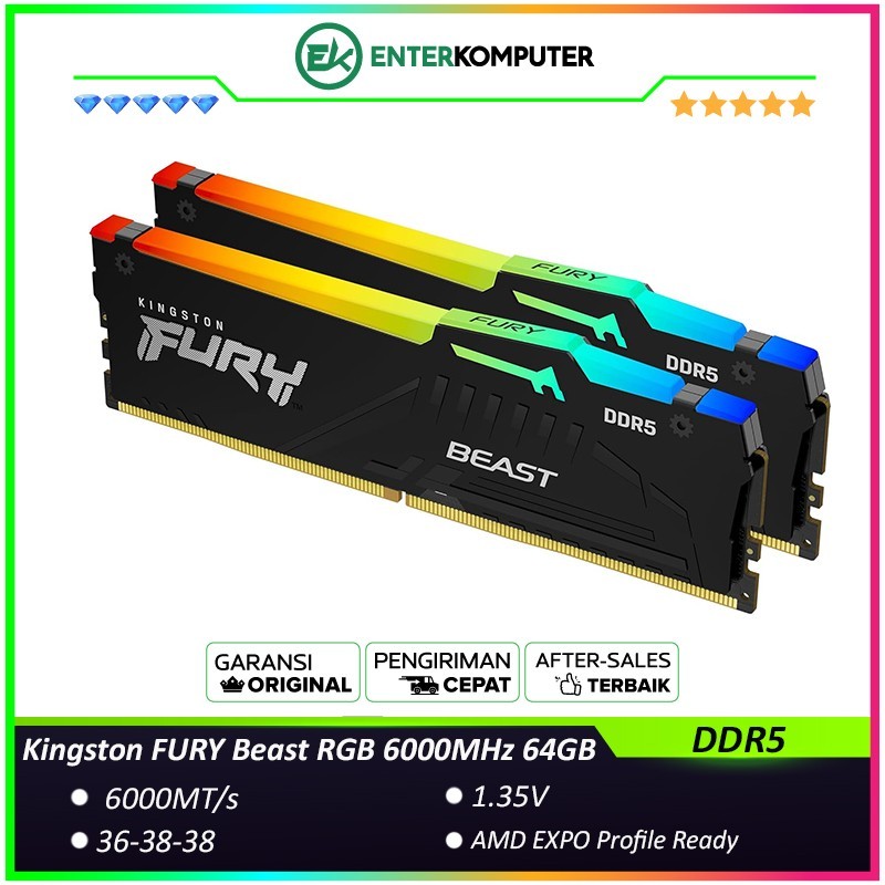 Jual Kingston FURY Beast RGB Black DDR5 PC48000 6000MHz 64GB (2x32GB) / RAM 64GB | Shopee Indonesia