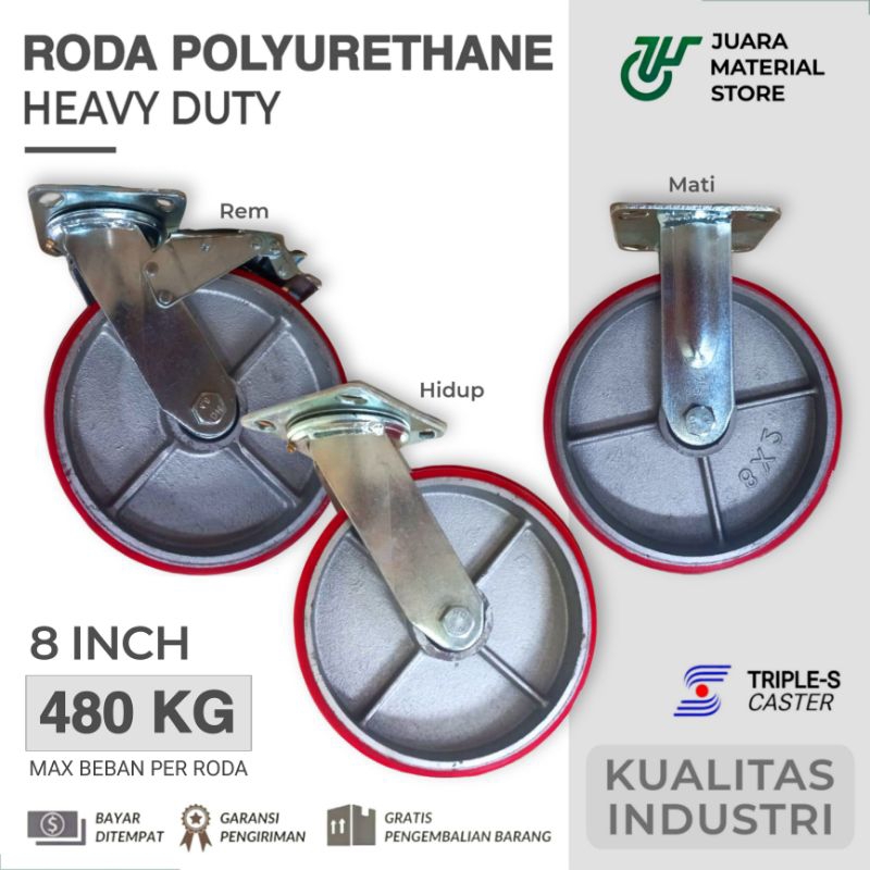 Jual Roda Troli 8 inch 200mm Polyurethane Merah Double Ball Bearing ...