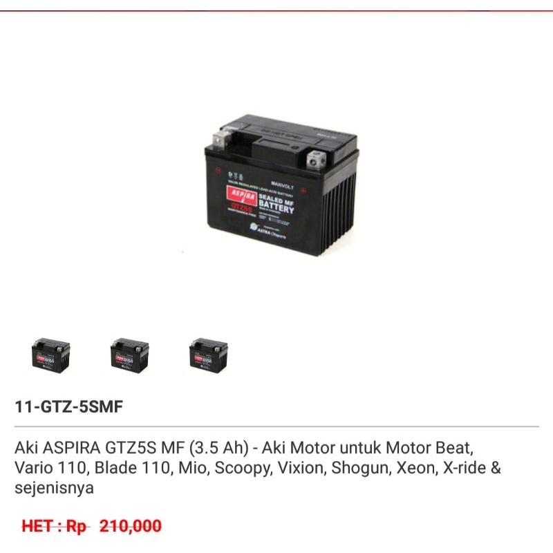 Jual Aki GS astra Gtz5s Gtz6v Gtz7v Gtz8v Gm5z Aspira Battery Aspira ...