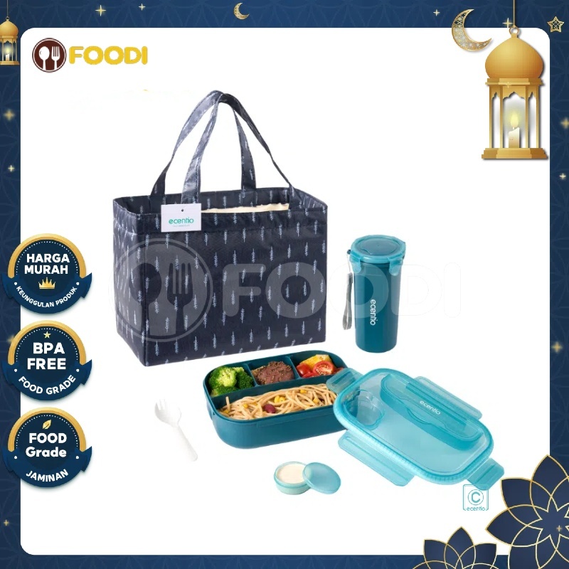Jual 【3pcs set】ecentio & FOODI lunch box set 4 Grid tempat bekal makan dan tempat minum anak ...