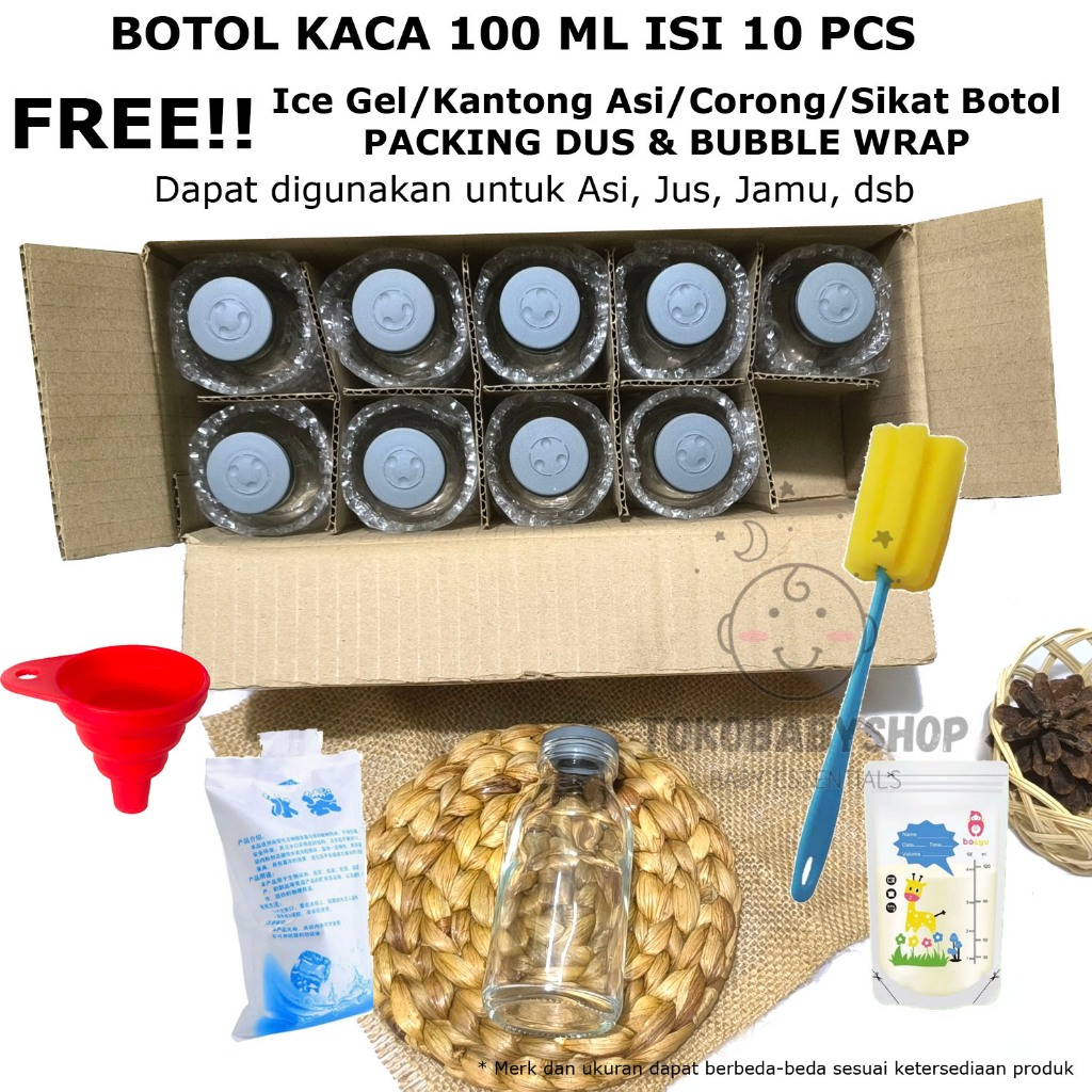 Jual Botol Asi Kaca 100 ML isi 10 PCS FREE Sikat Botol / Ice Gel ...