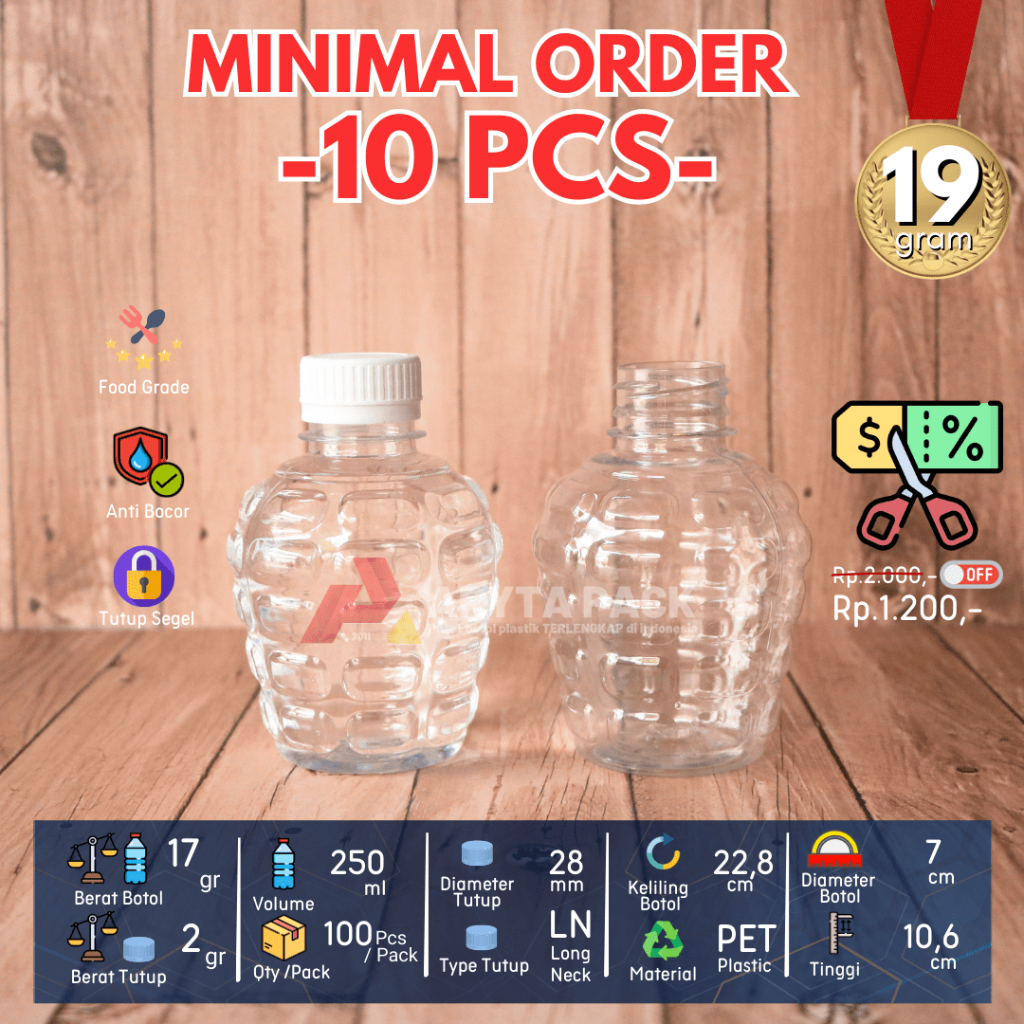 Jual Botol plastik PET 250ml granat minuman jus susu kopi tutup LN ...