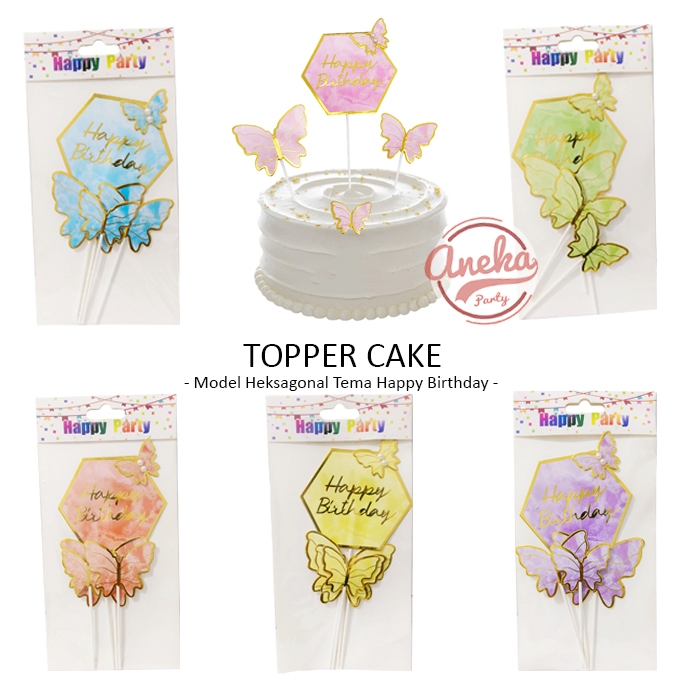 Jual Topper Cake HBD Kupu Kupu Heksagonal / Hiasan Kue Topper HBD kupu ...