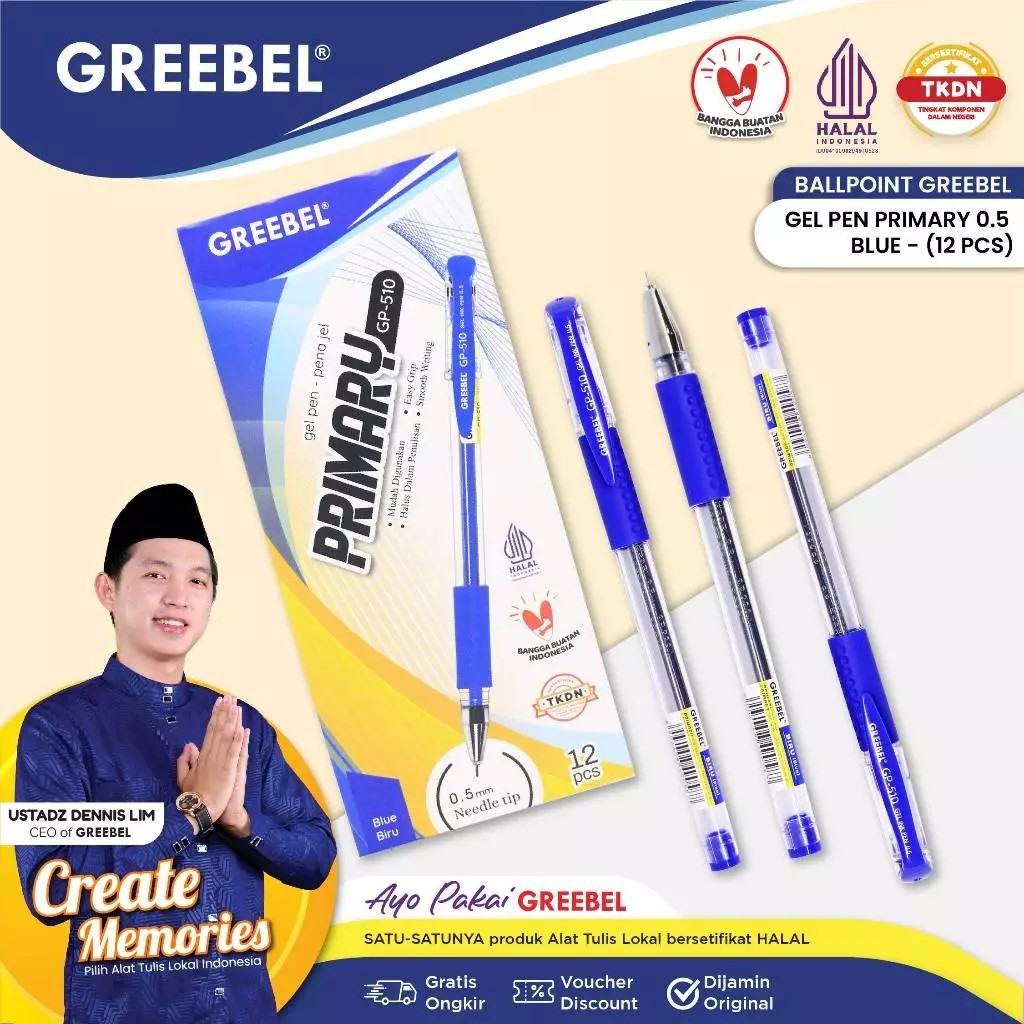 Jual GREEBEL Pulpen Gel Pen Gel (GP-510 Primary 0.5 Blue) Pulpen Greebel / Ballpoint / Ballpen ...