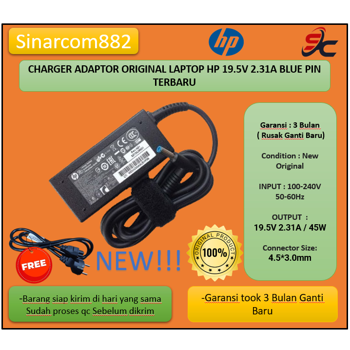 Jual CHARGER ADAPTOR ORIGINAL LAPTOP HP 19.5V 2.31A BLUE PIN TERBARU | Shopee Indonesia