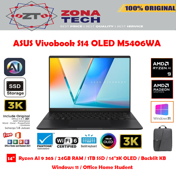 Jual ASUS Vivobook S 14 OLED M5406WA Ryzen AI 9 365 24GB 1TB SSD 14"3K ...