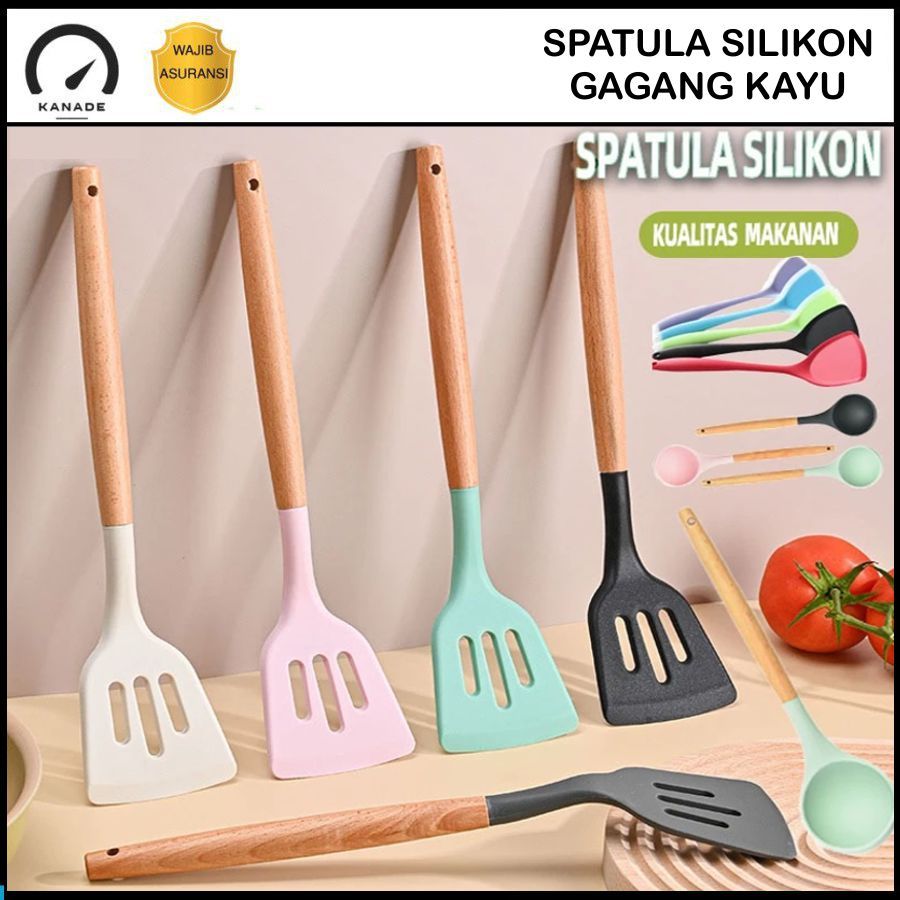 Jual Spatula Silikon Gagang Kayu Sutil Masak Untuk Goreng Tumis Tahan ...